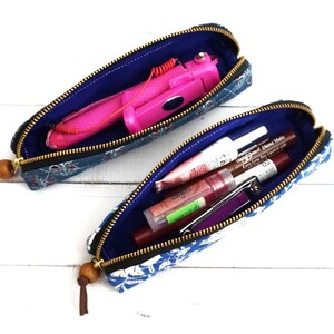 Slim Pencil Case in Indian Block Print Flower, Pen Case, Quilted Zipper ...