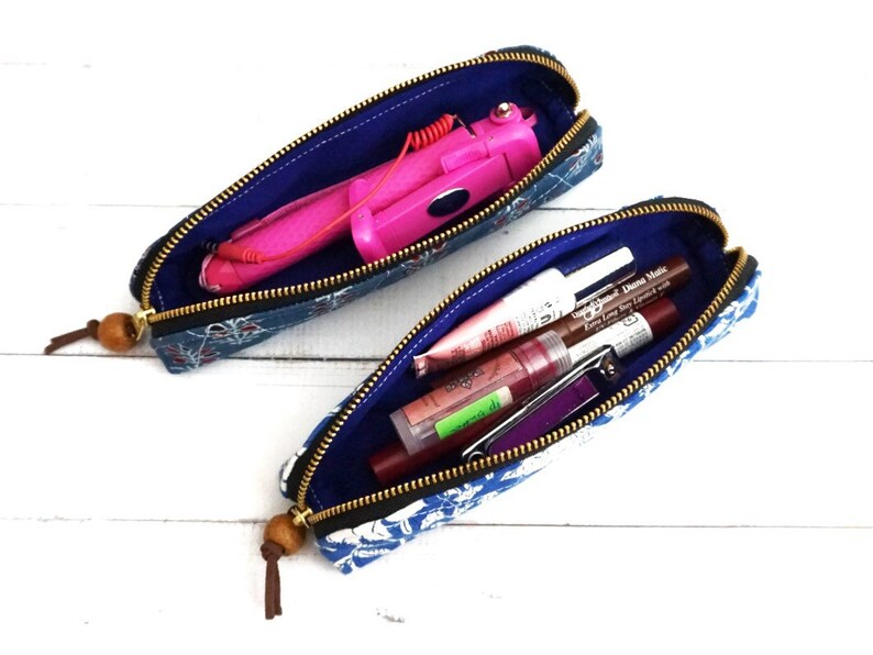 Slim Pencil Case in Indian Block Print Flower, Pen Case, Quilted Zipper ...