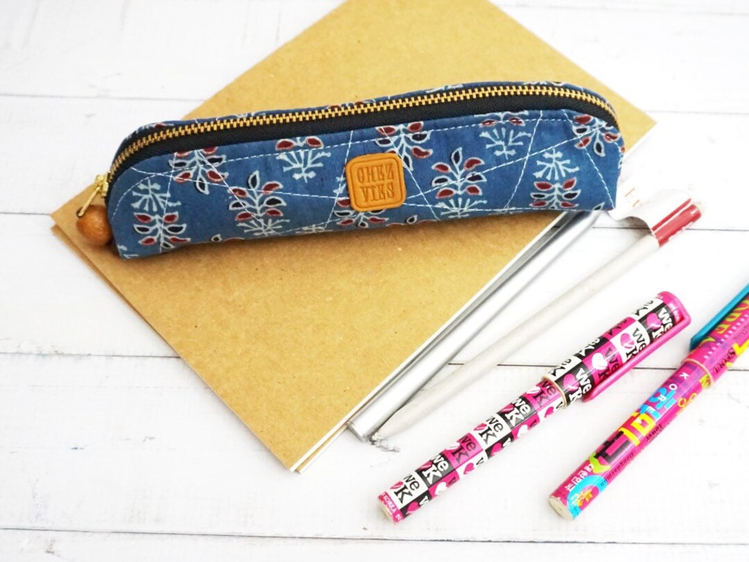 Slim Pencil Case in Indian Block Print Flower, Pen Case, Quilted Zipper ...