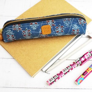Slim Pencil Case in Indian Block Print Flower, Pen Case, Quilted Zipper ...