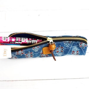 Slim Pencil Case in Indian Block Print Flower, Pen Case, Quilted Zipper ...