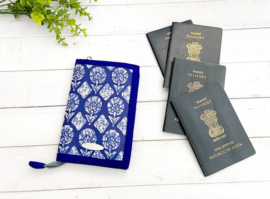 Blue Small Fabric Passport Holder With Zipper: Floral Travel Wallet ...