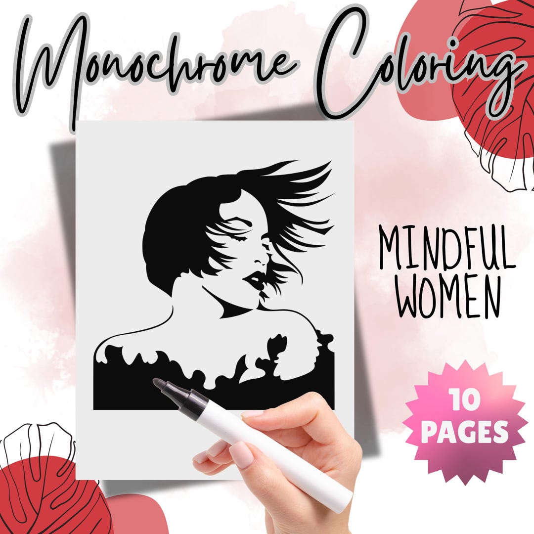 Mindful Women Monochrome Coloring Pages, Black and White Designs for ...