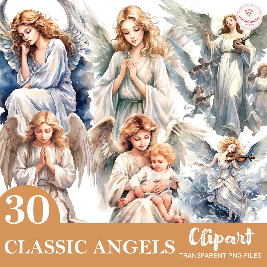 Watercolor Classic Angels Clipart Bundle PNG, 30+ Religious Gift for ...
