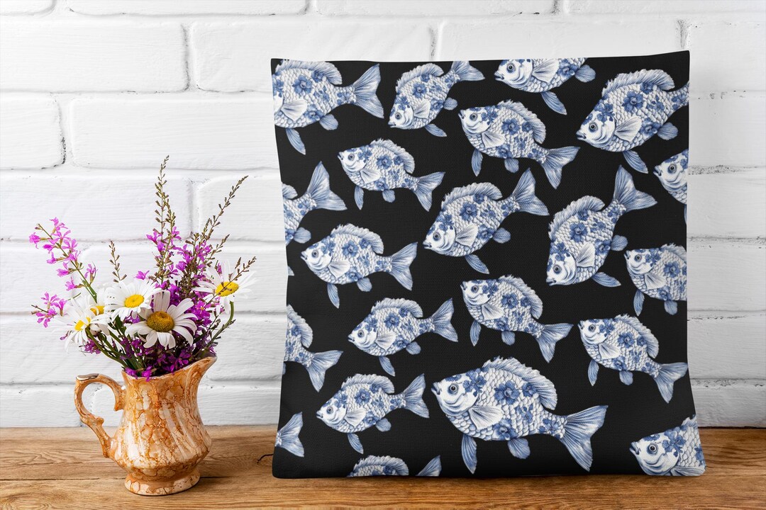 Chinoiserie Fish Print Cushion Cover Fishing Pattern Square Decorative ...