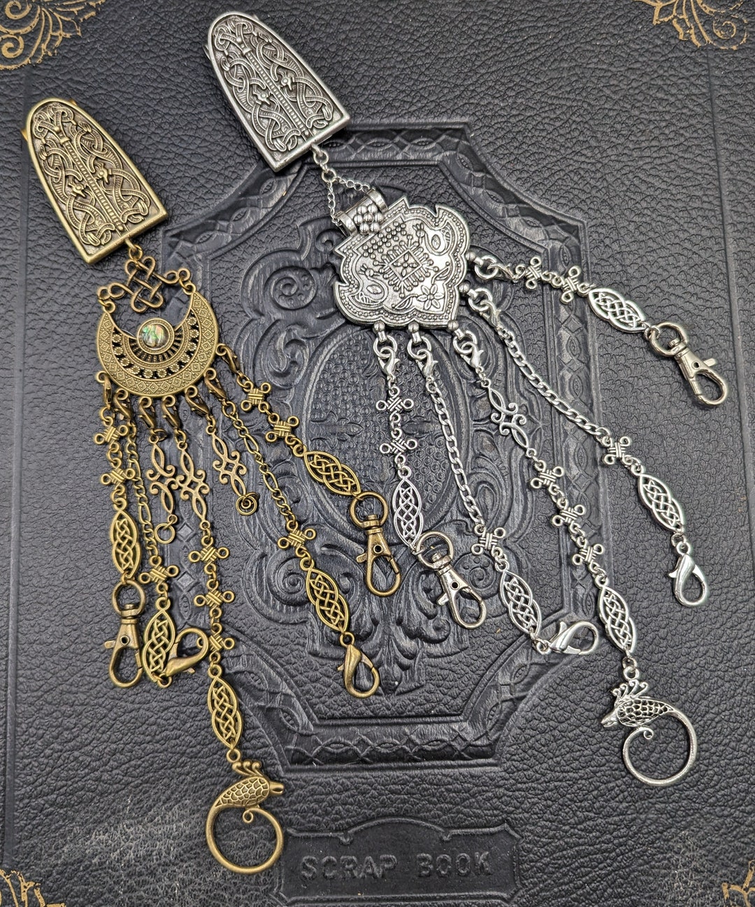 Bronze or Silver Medieval Themed Chatelaine With Waist Clip 5 Chains ...