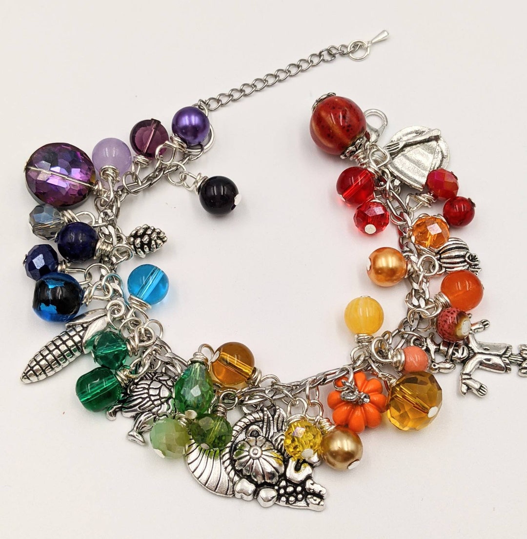 Adjustable Rainbow Autumn Charm Bracelet Turkey Cornucopia Scarecrow ...