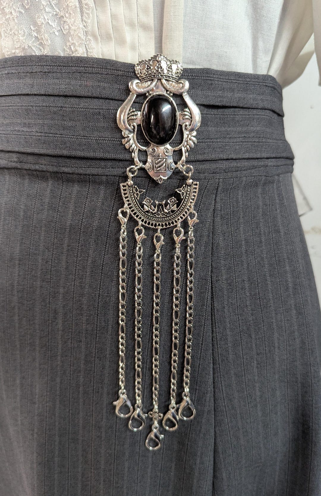 Silver Crown and Shield Crest Chatelaine With Waist Clip 8 Stone ...