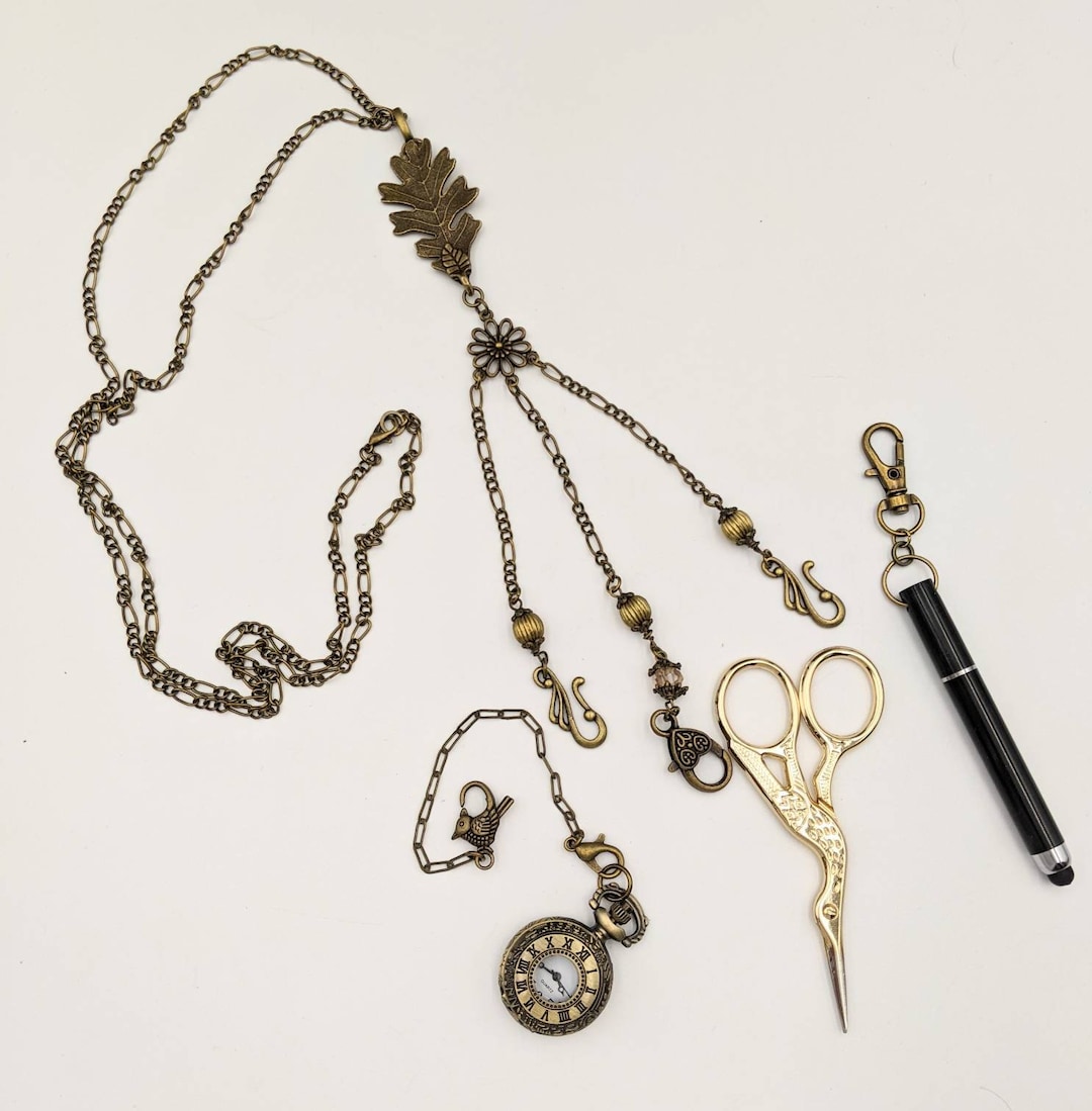 Victorian Chatelaine Necklace Bronze Leaf With 3 Chains and Hooks for ...