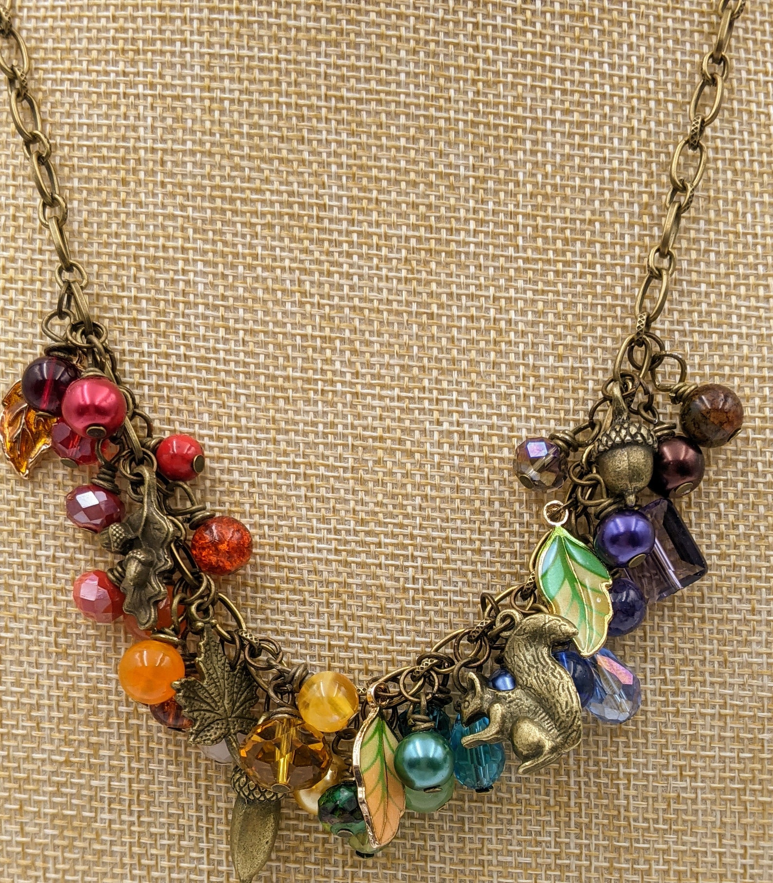Nature Lover Charm Necklace Gemstones Crystals Squirrel Acorns Leaves ...