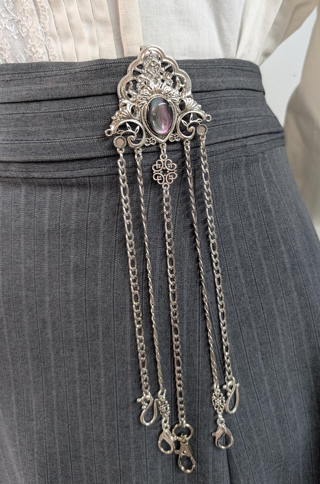 Silver French Inspired Chatelaine With Waist Clip 6 Stone Options - 5 ...
