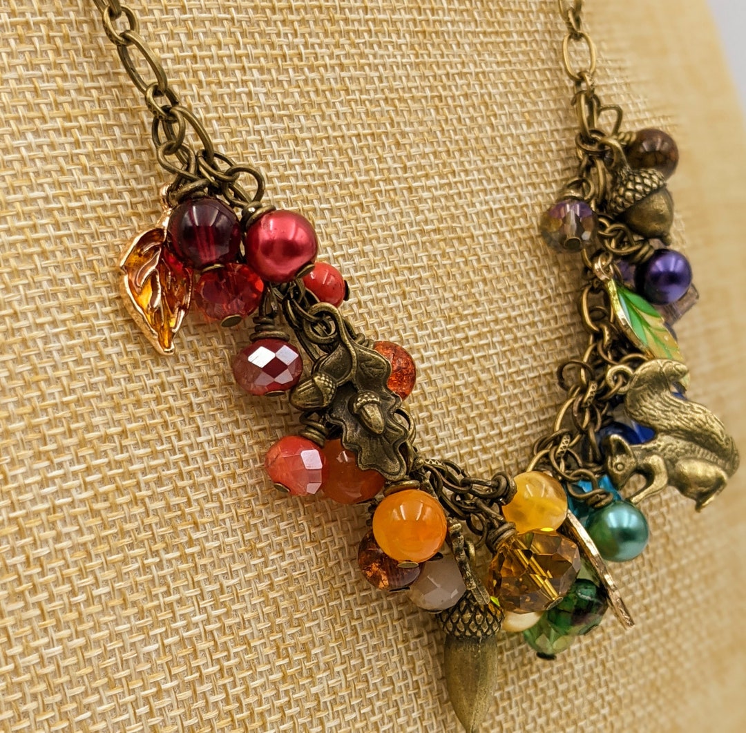 Nature Lover Charm Necklace Gemstones Crystals Squirrel Acorns Leaves ...