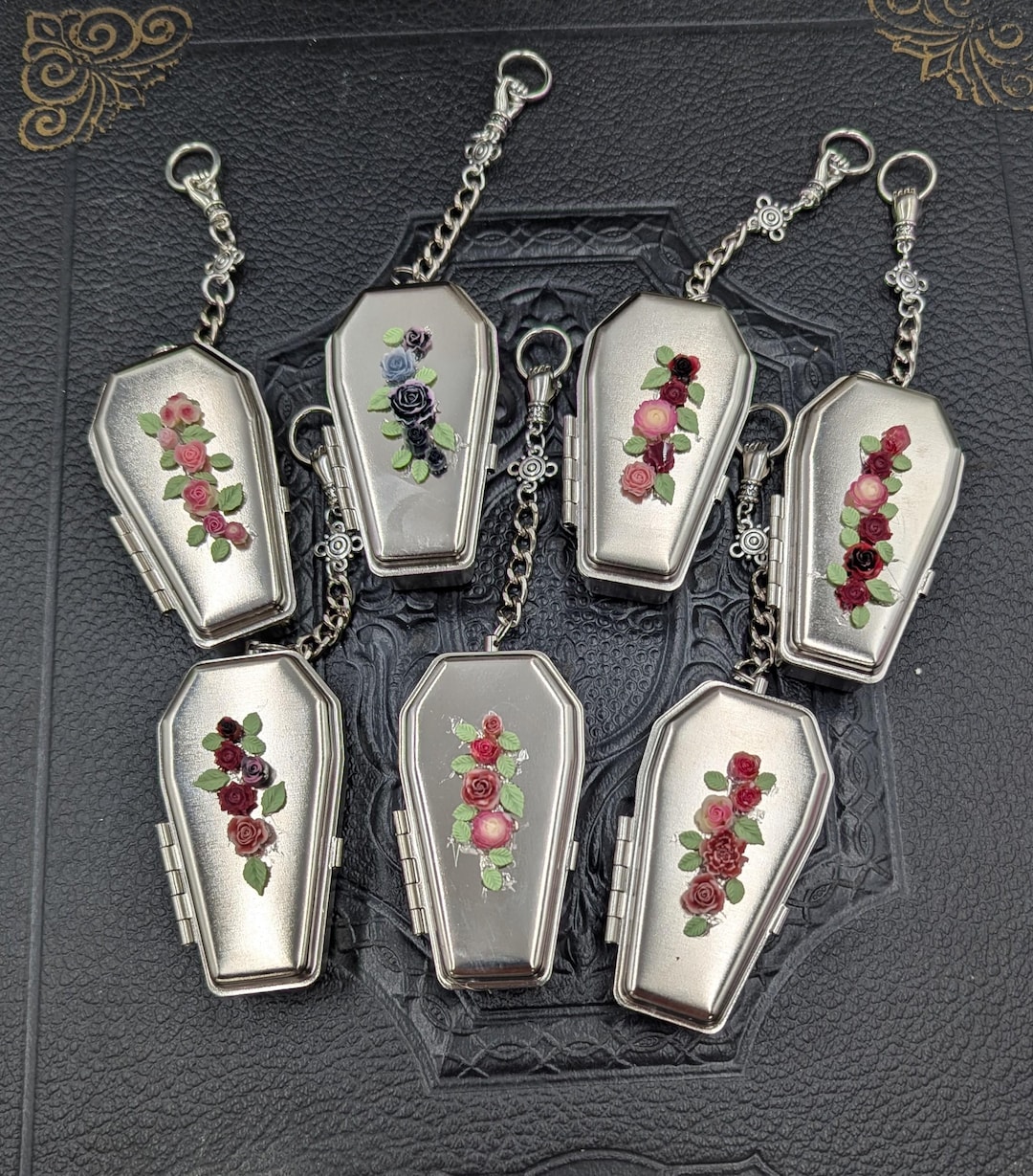 Chatelaine - Metal Coffin Box Charm With Roses - Needle Case, Small ...