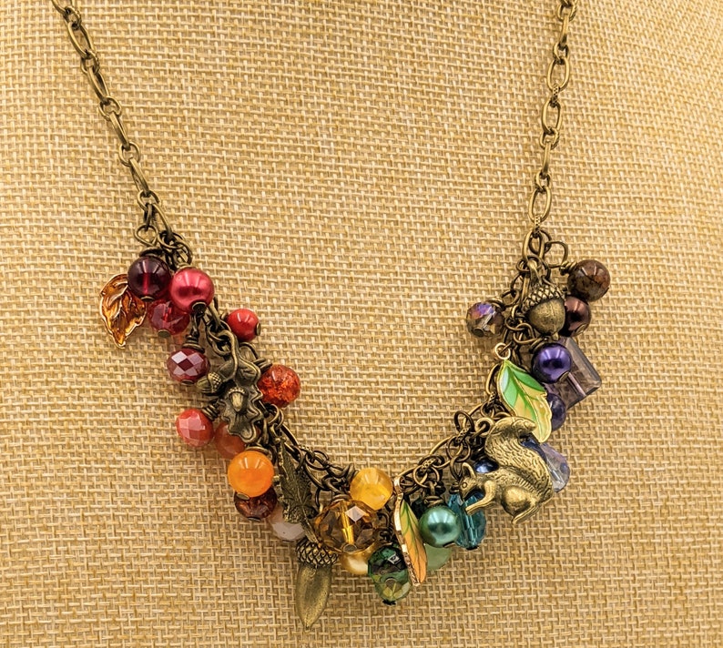 Nature Lover Charm Necklace Gemstones Crystals Squirrel Acorns Leaves ...
