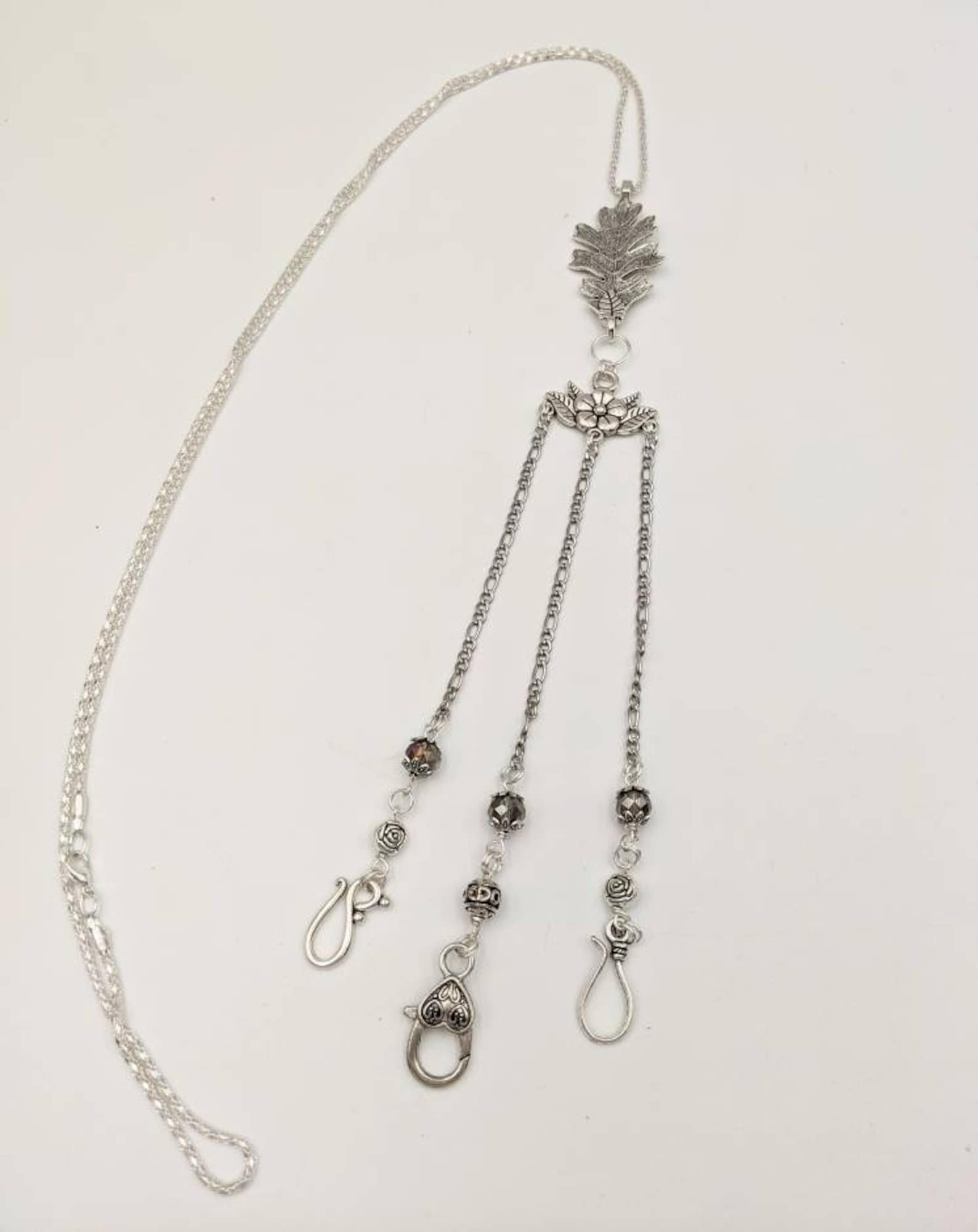 Victorian Chatelaine Necklace Silver Leaf With 3 Chains and Hooks for ...