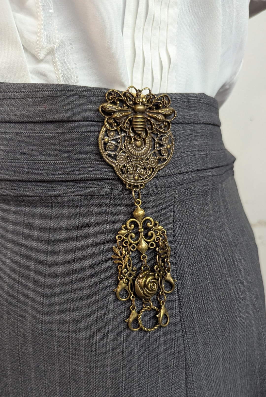 Bronze or Silver "mini" Bee Chatelaine With Waist Clip and 5 Chains and ...