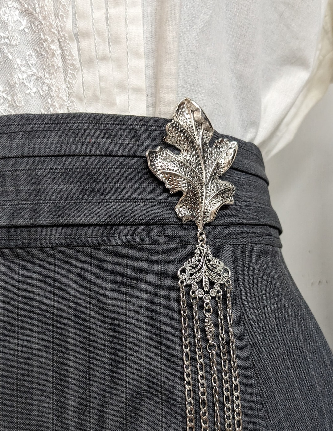 Silver Oak Leaf Chatelaine With Waist Clip 5 Chains and Hooks for Fiber ...