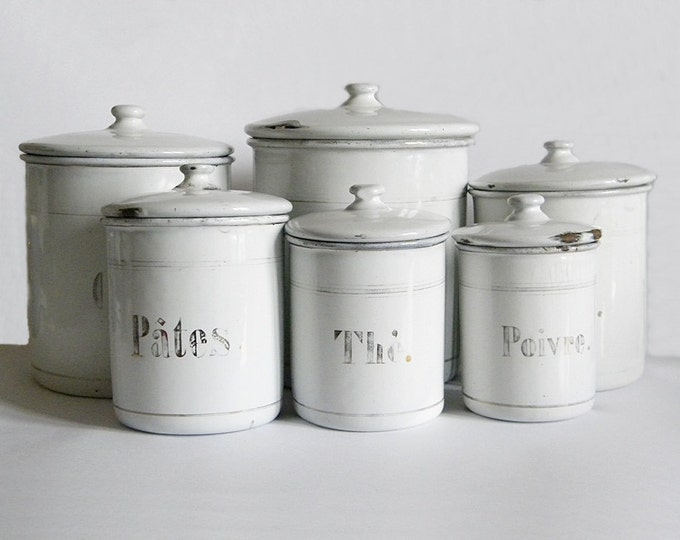 French Enamel Canisters 6 Vintage Enamelware White Kitchen Canisters ...