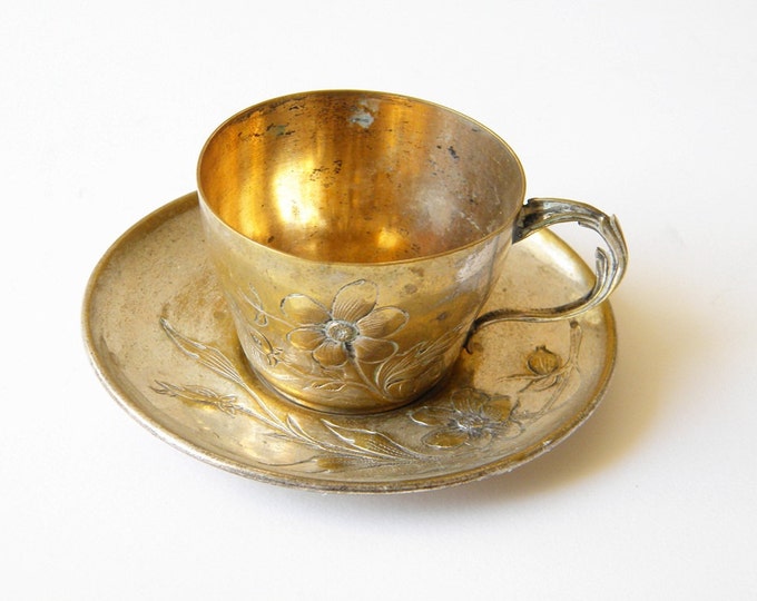 French Antique Tea Cups and Saucers Engraved Silver Plated 2 - Etsy