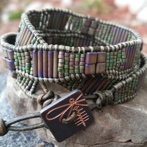 Iridescent Firefly,leather Triple Wrap Bracelet,greens Fushia,matte ...