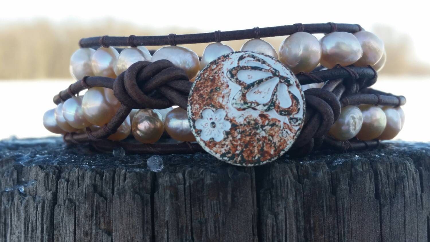 Rustic Pearl/triple Wrap Leather Bracelet/off the Beadin Path | Etsy