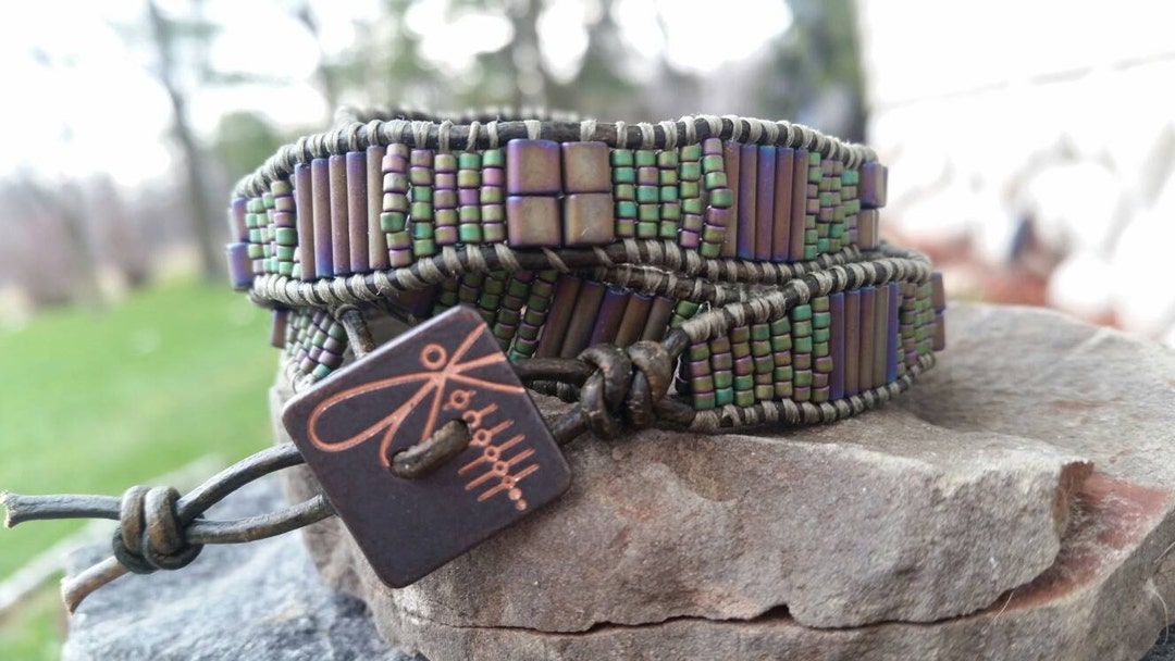 Iridescent Firefly,leather Triple Wrap Bracelet,greens Fushia,matte ...