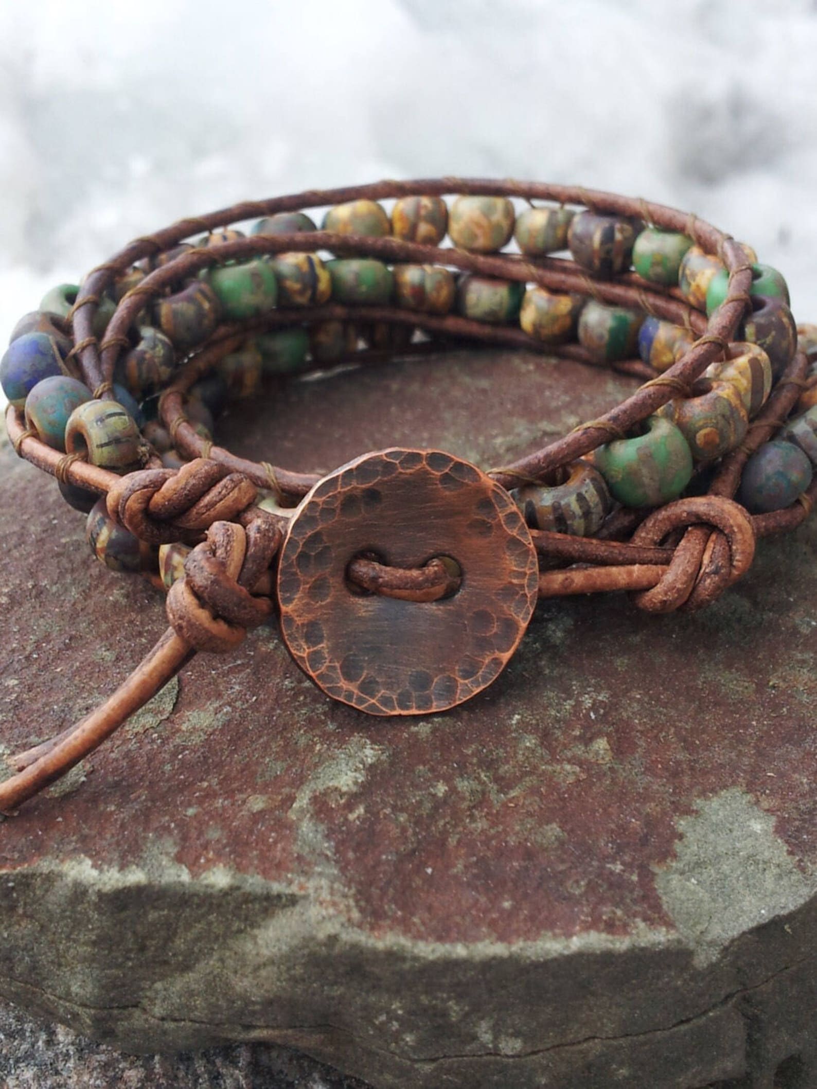 Triple Wrap Leather Bracelet, Czech Glass Beads, Copper Penny - Etsy