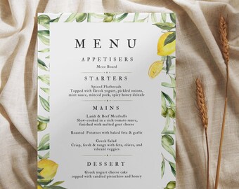 Elegant Greek Dinner Party Menu | Printable Mediterranean Menu Template ...