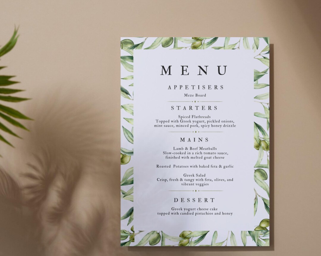 Elegant Greek Dinner Party Menu | Printable Mediterranean Menu Template ...