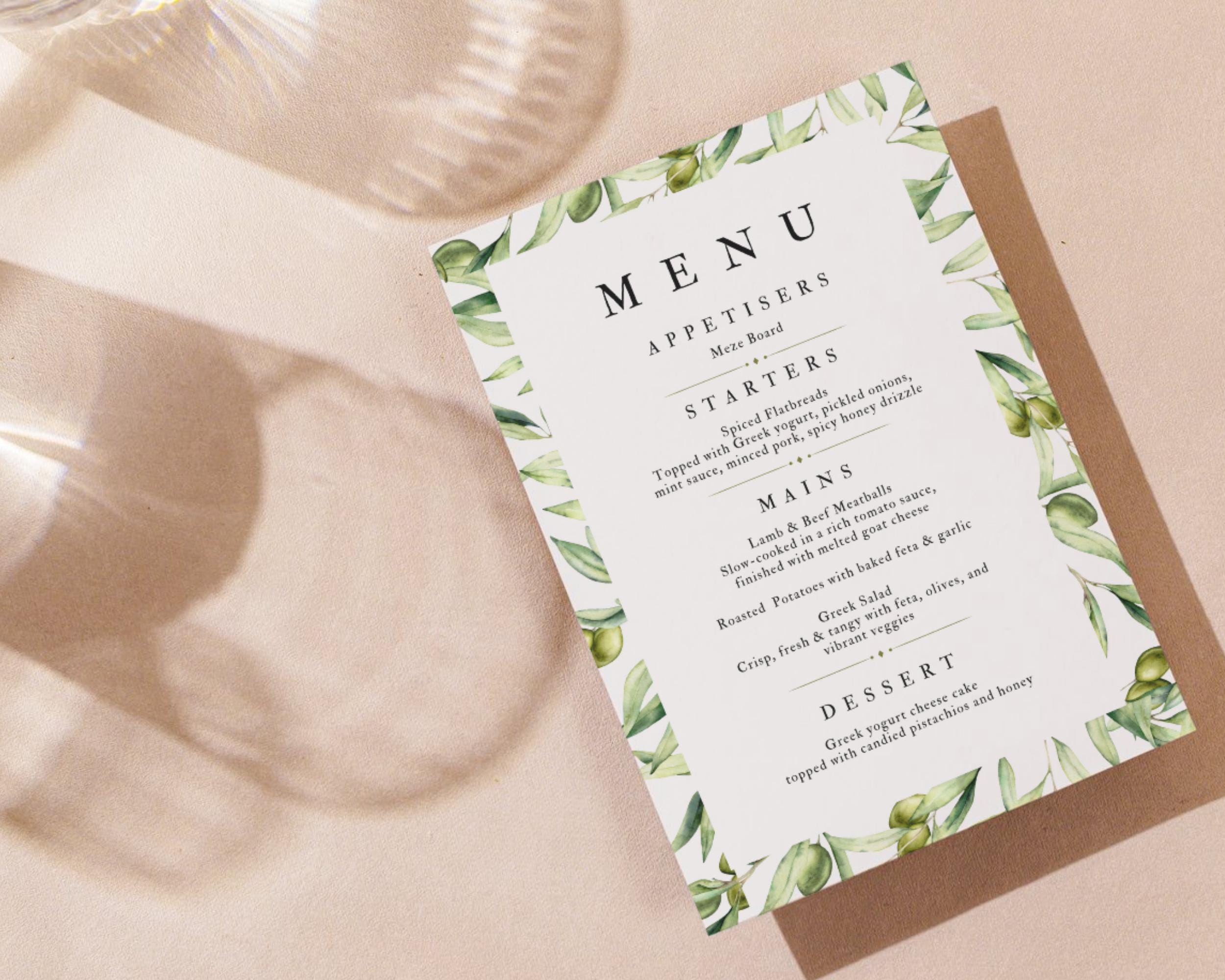 Elegant Greek Dinner Party Menu | Printable Mediterranean Menu Template ...