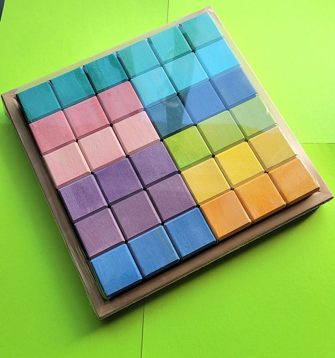 Pastel Square Wooden Blocks – Montessori Style Rainbow Puzzle ...