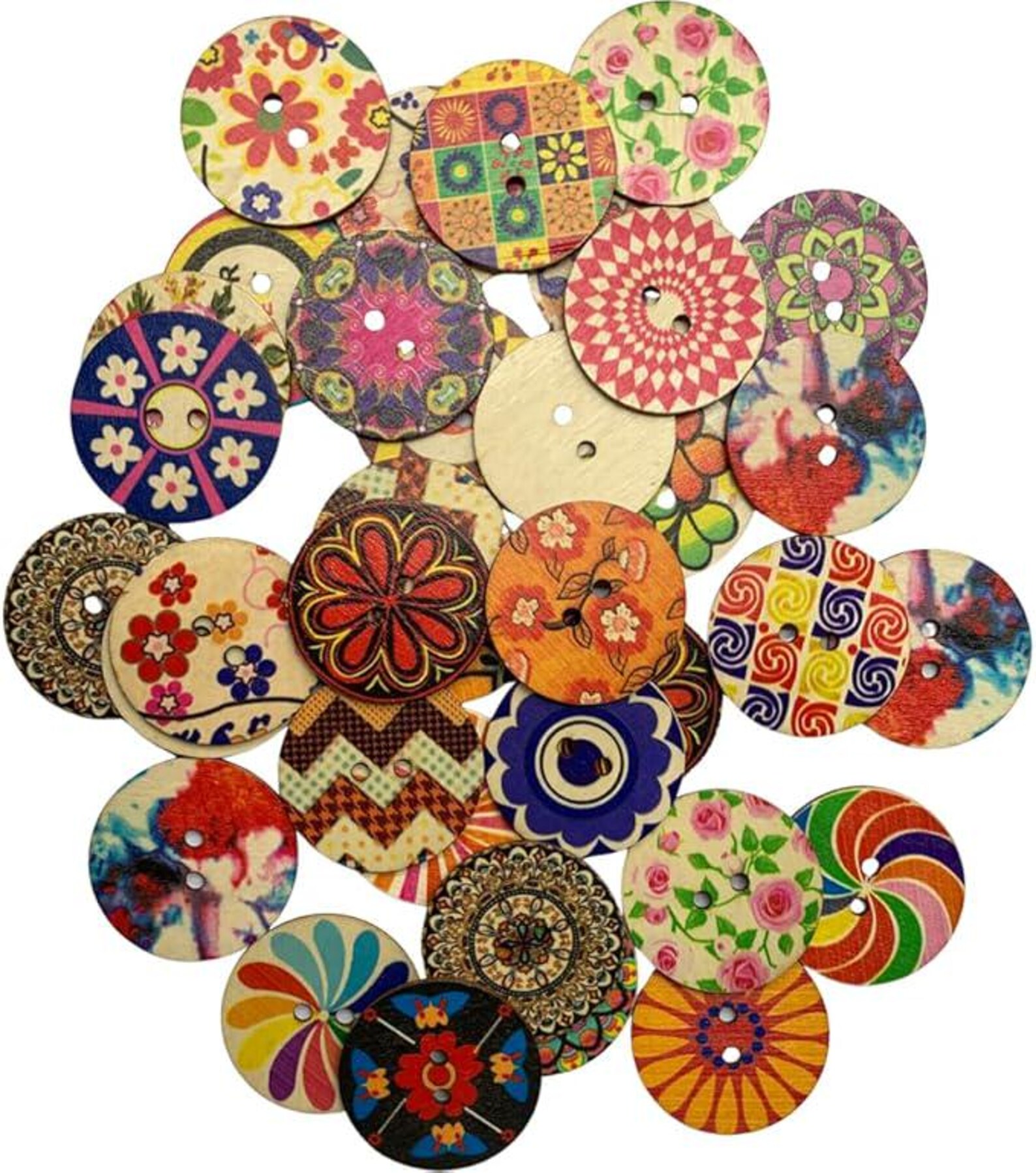 30-pack 2 Inch (50mm) Large Wooden Craft Buttons Mixed Pattern, for ...