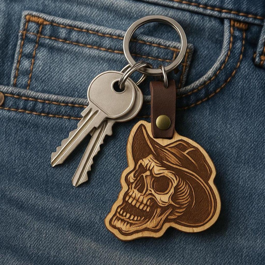 Wooden Skull Cowboy Keychain, Laser Engraved, Western Keychain for Men ...