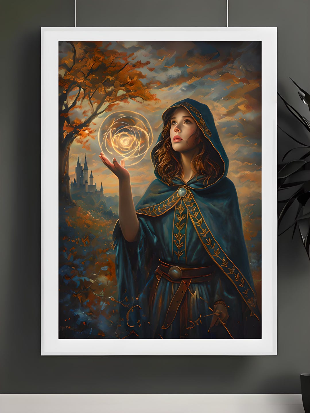 Mystical Sorceress Art Print,enchanted Woman in Teal Cloak With Glowing ...