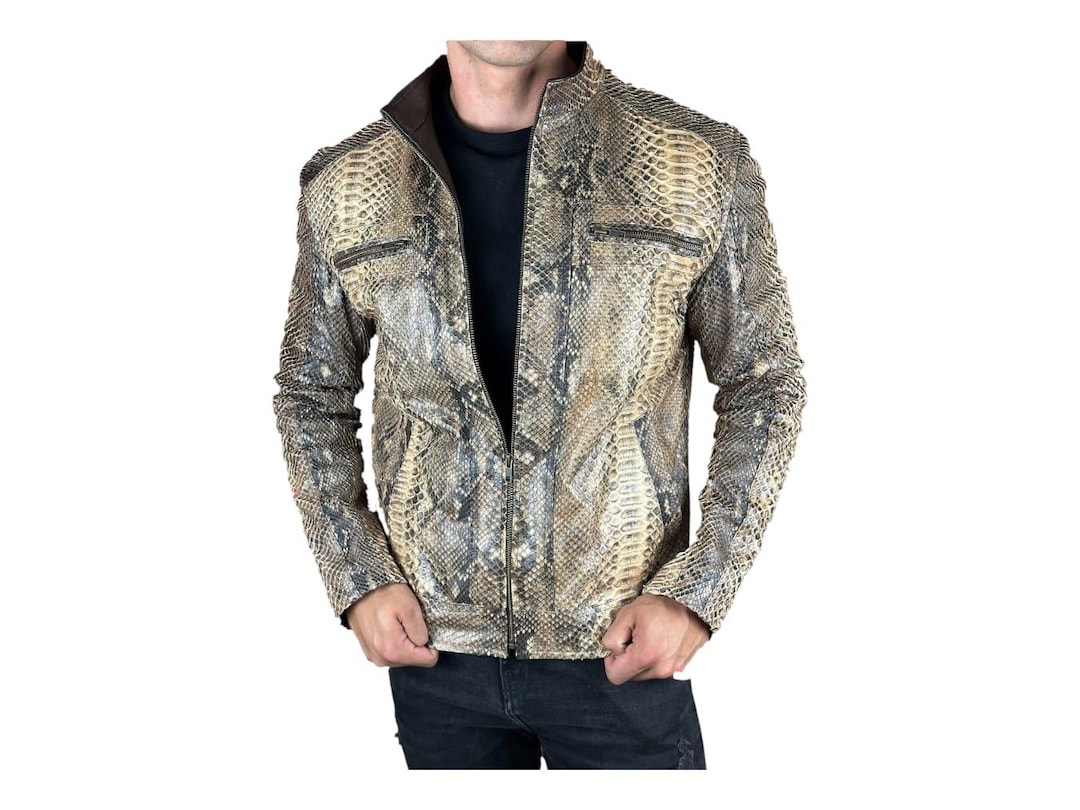 Men’s Python Snake Print Leather Jacket – Exotic Biker Style, Handmade ...