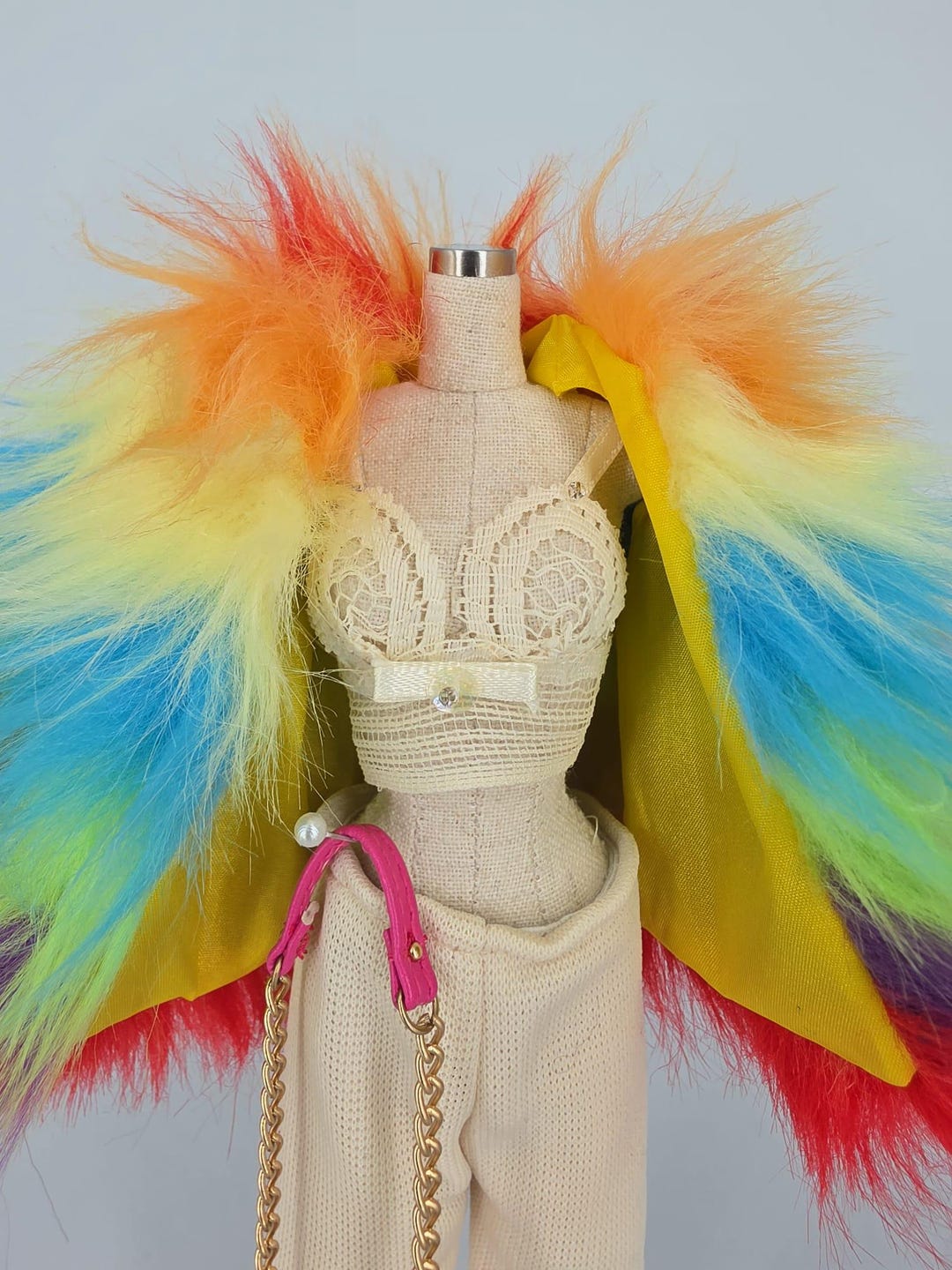 Original Barbie Rainbow Faux Fur Coat Set: Lace Bustier, Linen Slacks ...
