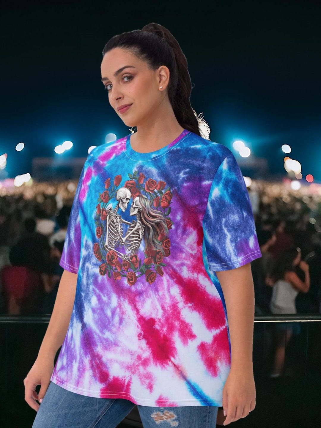 Tie-dye Print Skeleton Rose Women's Crew Neck T-shirt: Deadhead Style ...