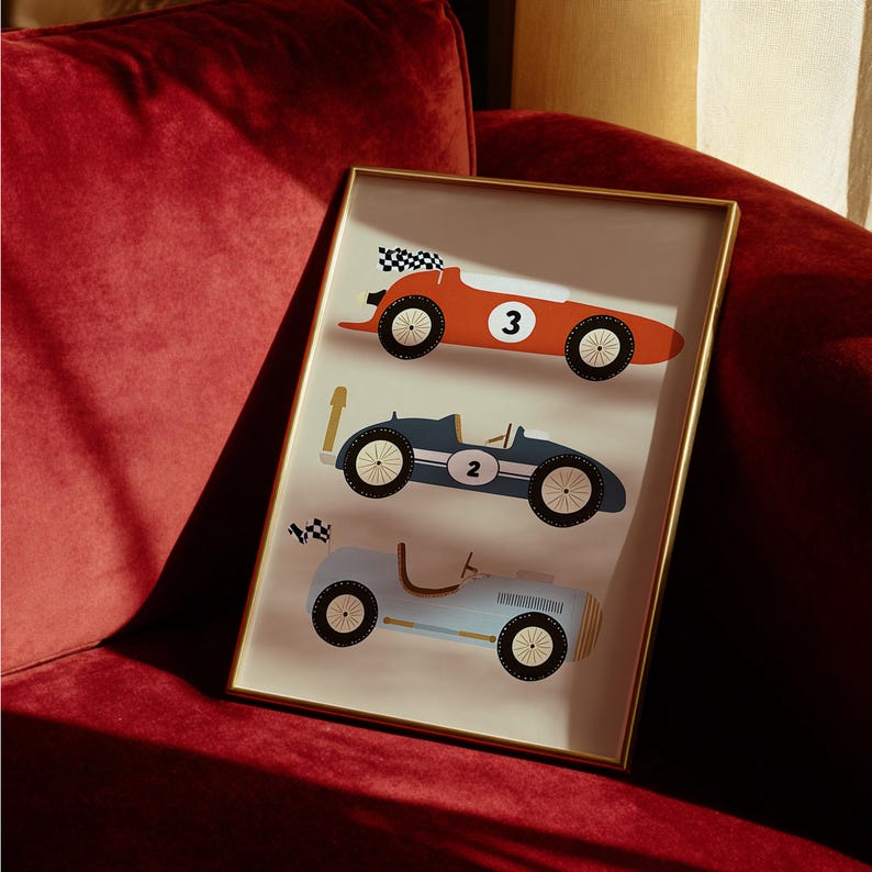 Conjunto de três pôsteres de carros de corrida retrô, arte de parede ...