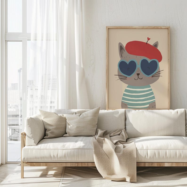 French Cat Art Print: Beret & Heart Glasses, Whimsical Nursery Decor ...