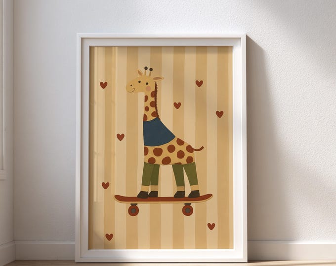 Impressão retrô de girafa em skate – Arte de parede divertida para ...