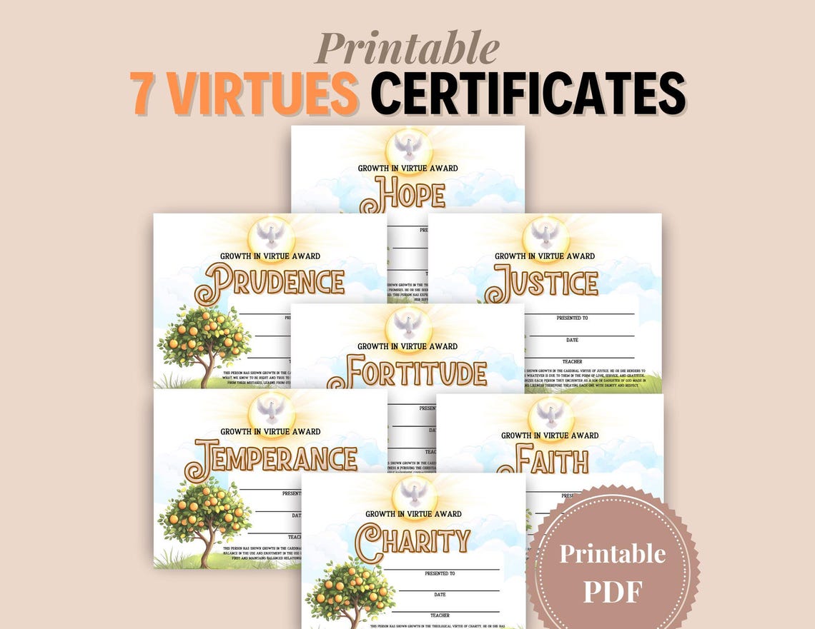 Religious Student Certificates, Seven Virtues Classroom Awards, End of ...