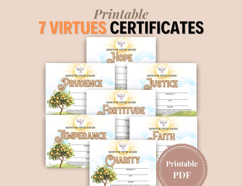 Religious Student Certificates, Seven Virtues Classroom Awards, End of ...
