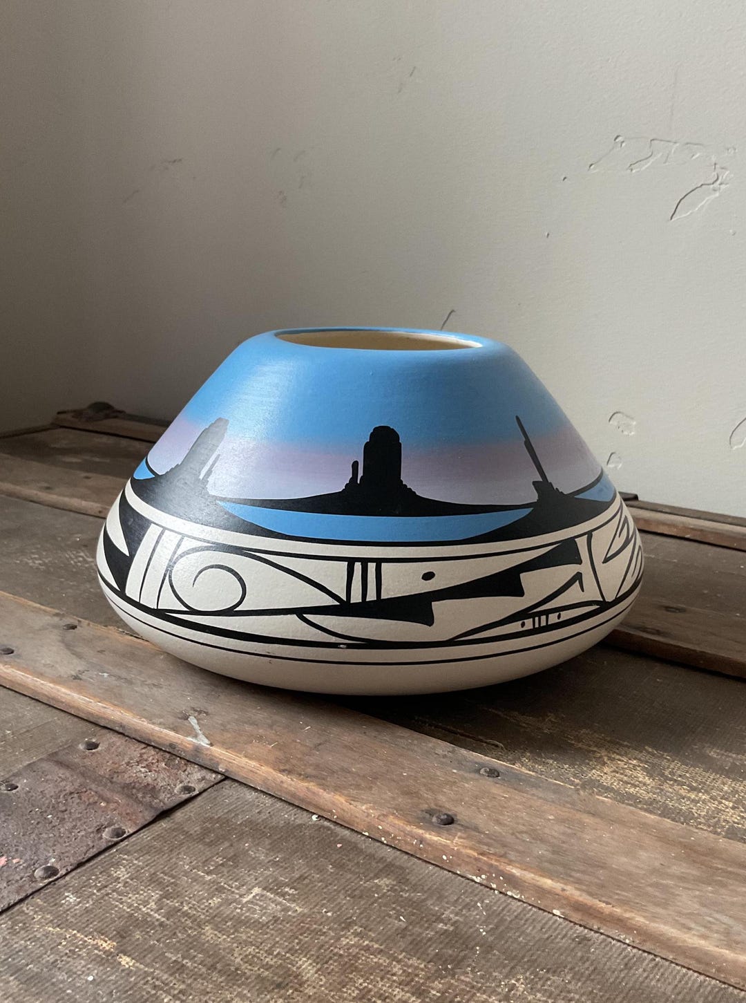 Dine Navajo Hand Painted Pottery Vase With Mesa Scene, Blue to Purple ...