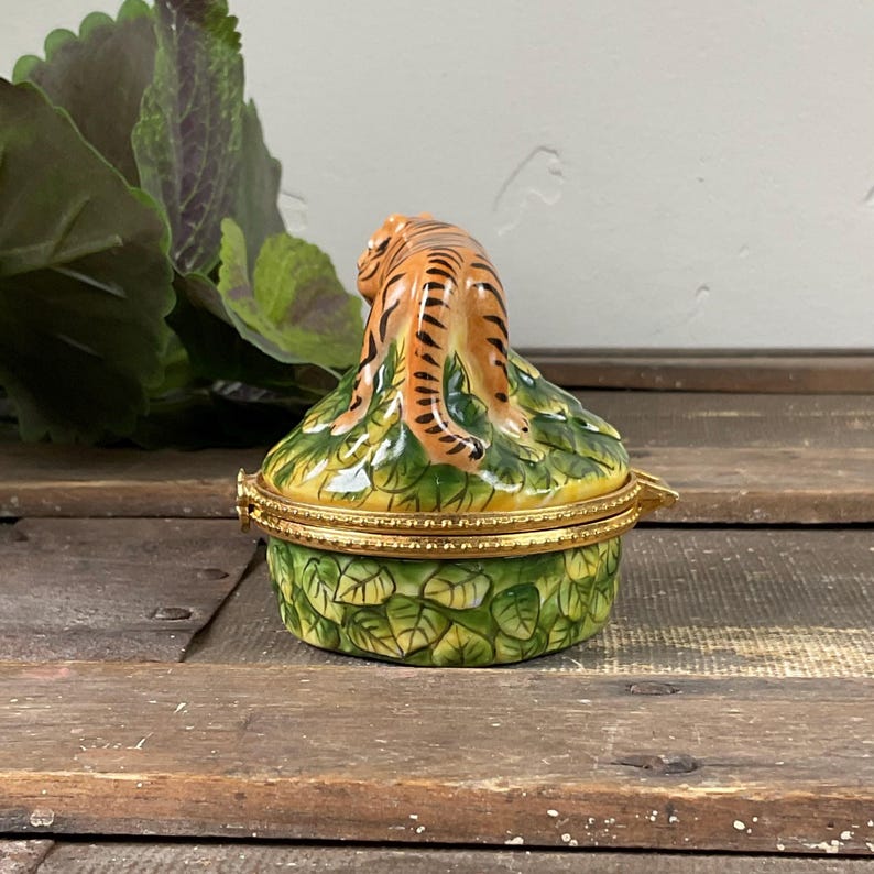 Limoges Style, Hinged Porcelain Tiger Trinket Box, Ring Storage ...