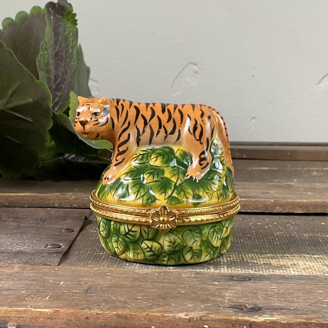 Limoges Style, Hinged Porcelain Tiger Trinket Box, Ring Storage ...
