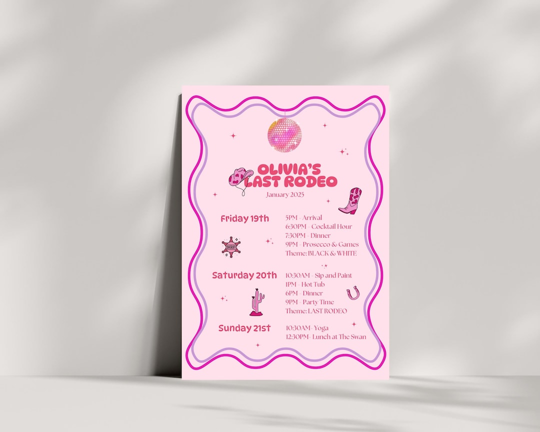 Editable Last Rodeo Hen Do Itinerary, Pink Hen Do Itinerary, Custom Hen ...