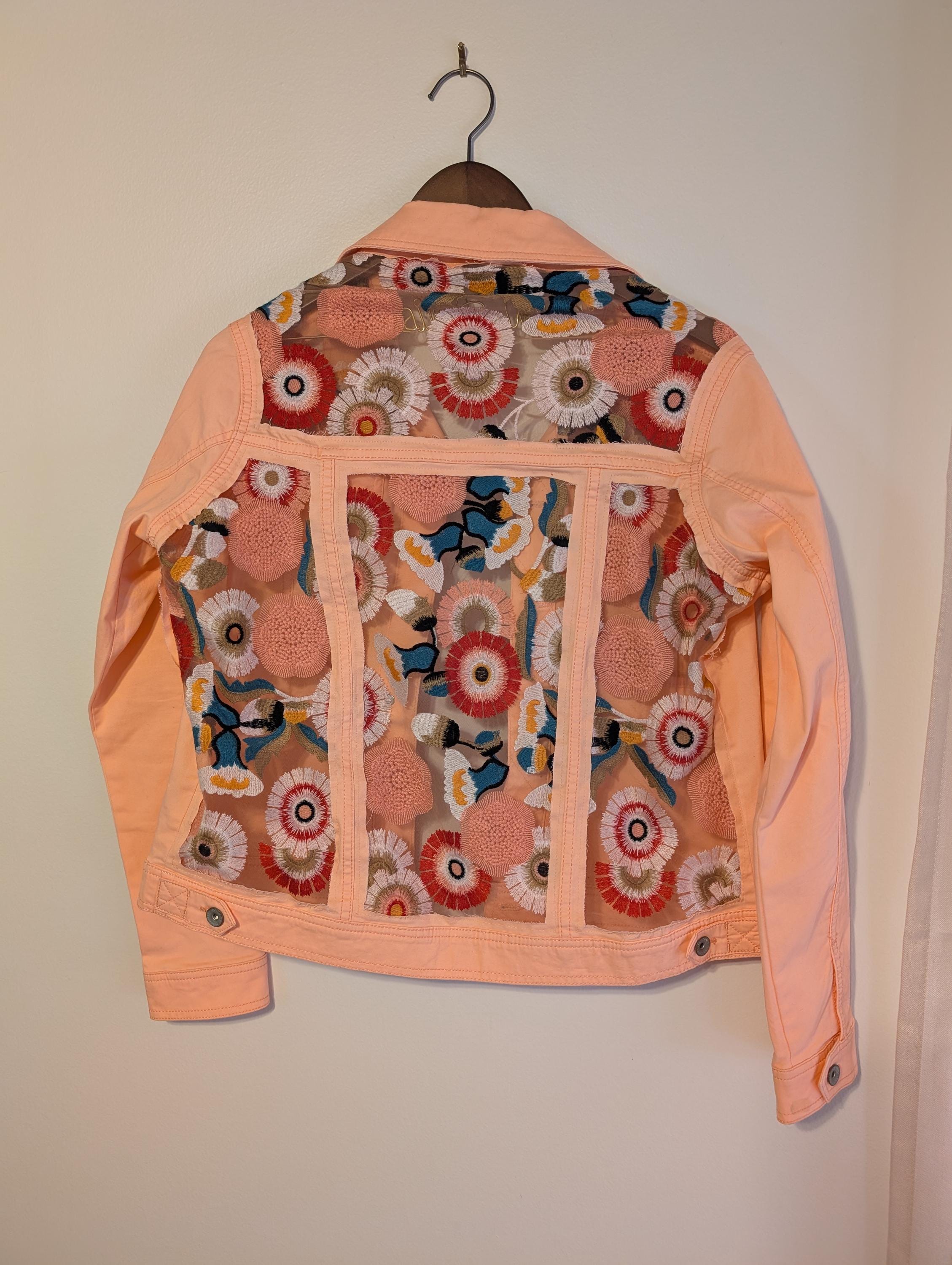 Peach Embroidered Denim Jacket, Floral Lace Modern Jean Jacket - Etsy