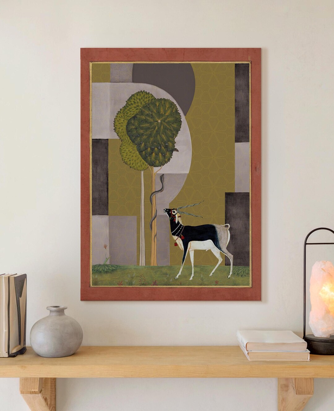 Deer in Forest Art Print on Canvas, Miniature Mughal Style, Man Cave ...