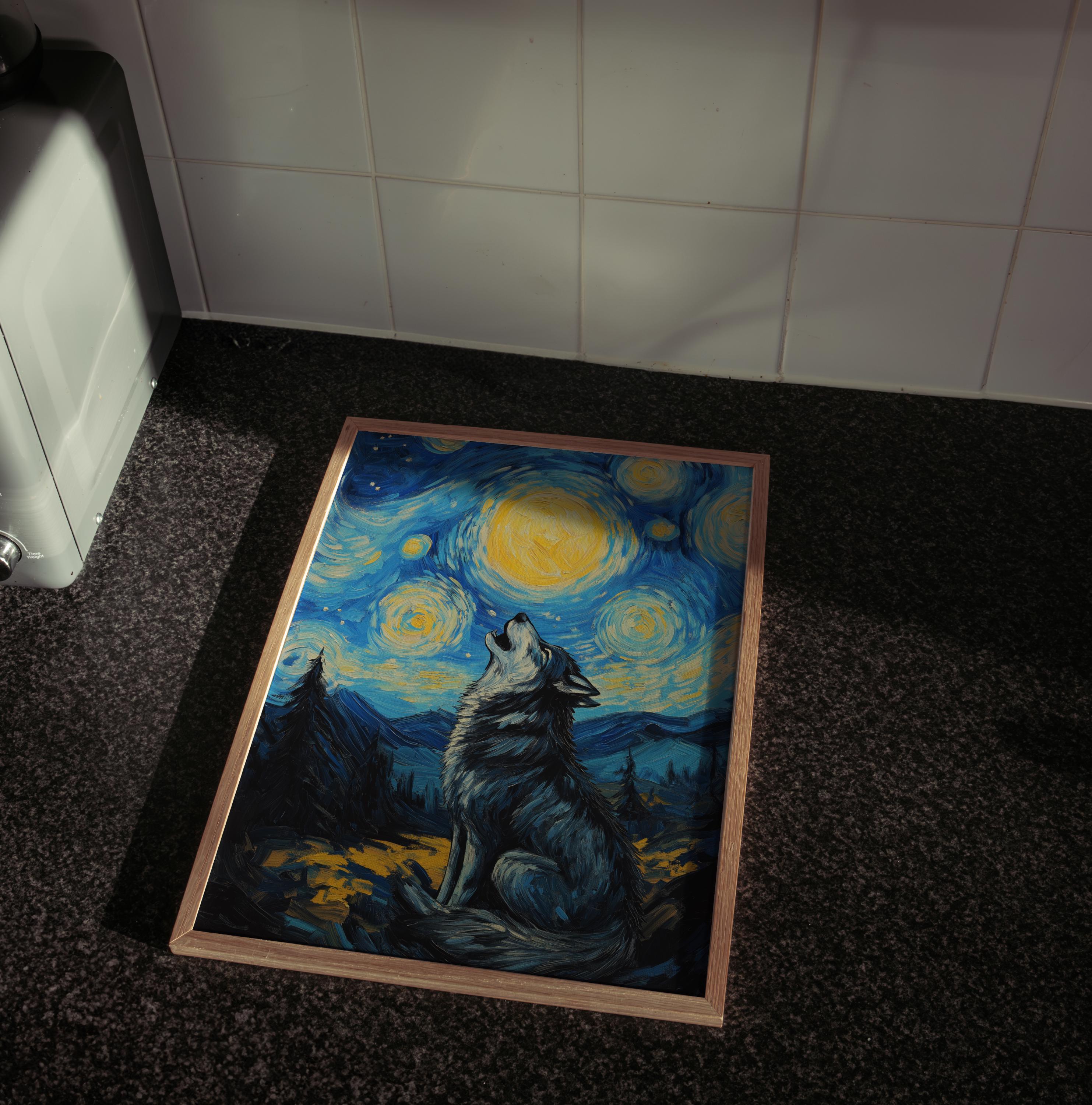Starry Night Wolf Art Wall - Van Gogh Inspired Wolf Painting - Howling ...