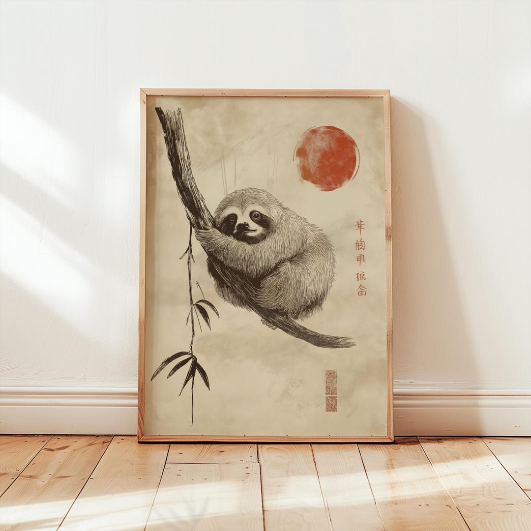 Sloth Wall Art - Vintage Sloth Print - Japanese Wall Art - Retro ...